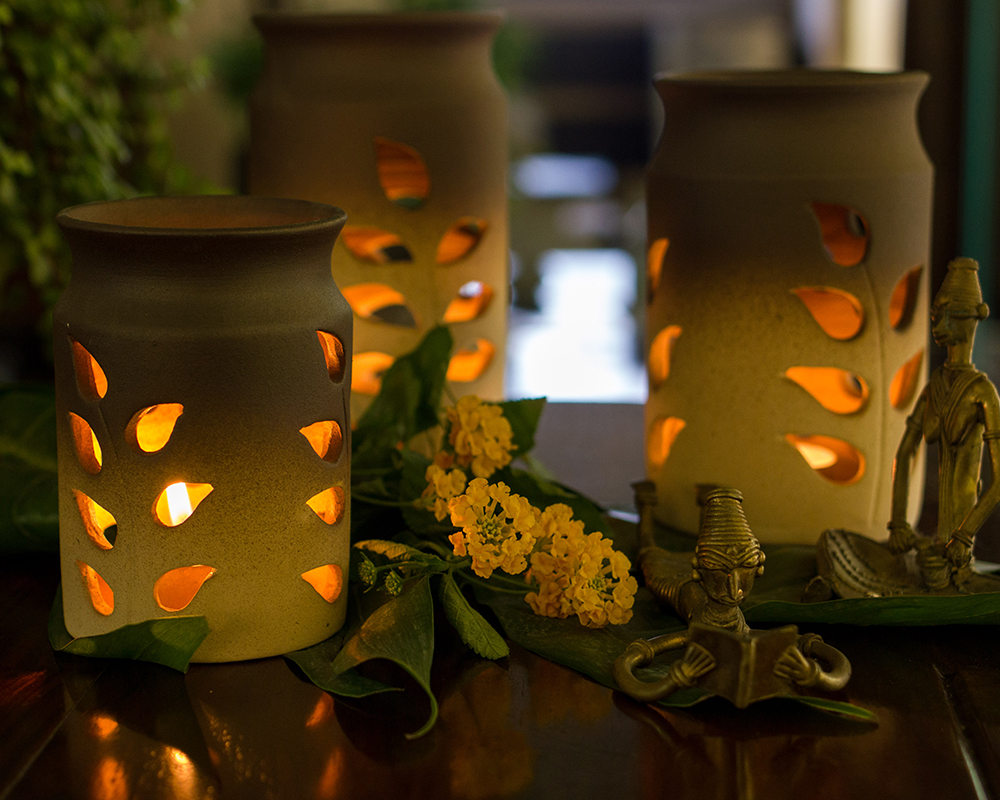 Ceramic Tealight Candle Holder | Leaf Cut | Kopái - Paar | Indian Craft ...