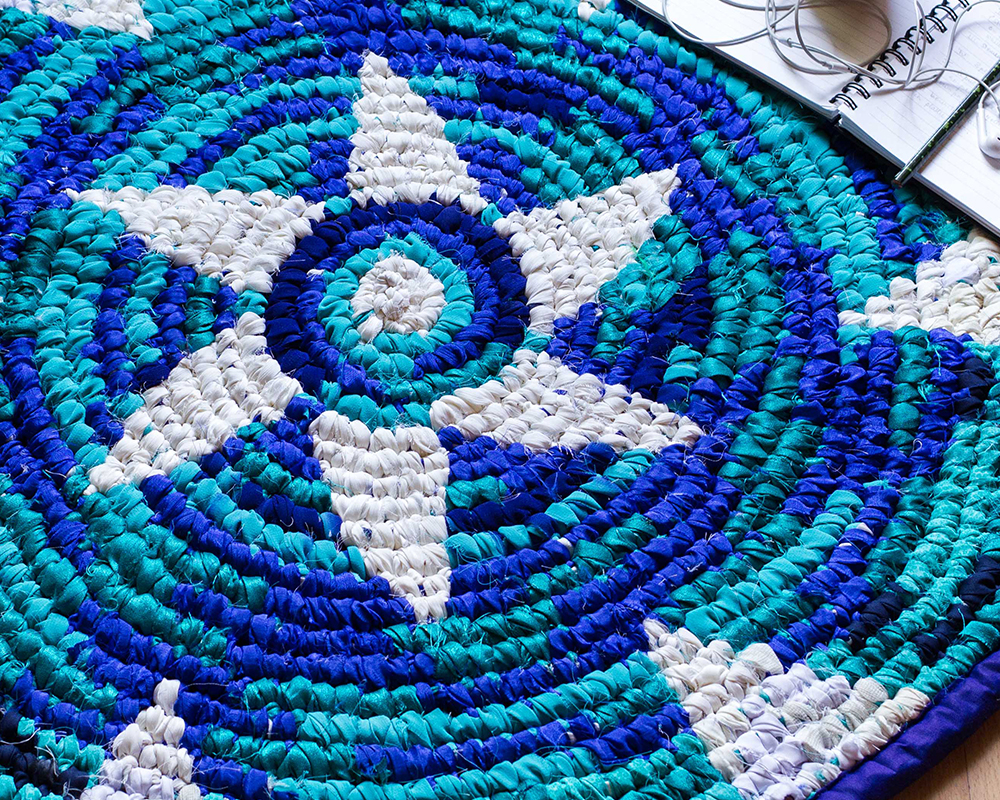 Upcycled Blue White Triangles Floor Rug | Kopái - Paar | Indian Craft Store