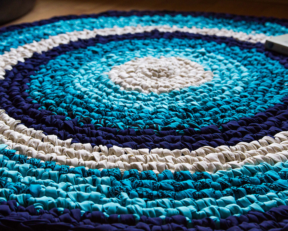 Upcycled Fabric - Blue Circles Floor Rug | Kopai - Paar | Indian Craft ...