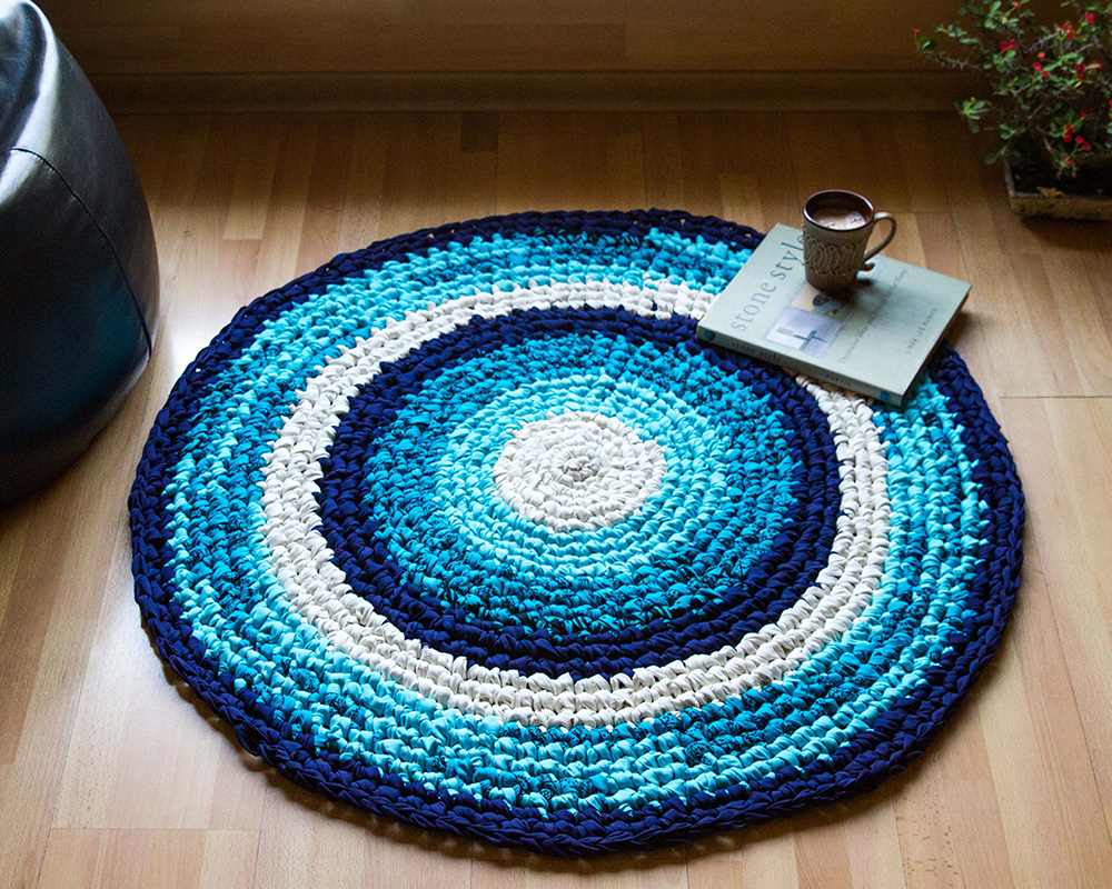 Upcycled Fabric - Blue Circles Floor Rug | Kopai - Paar | Indian Craft ...