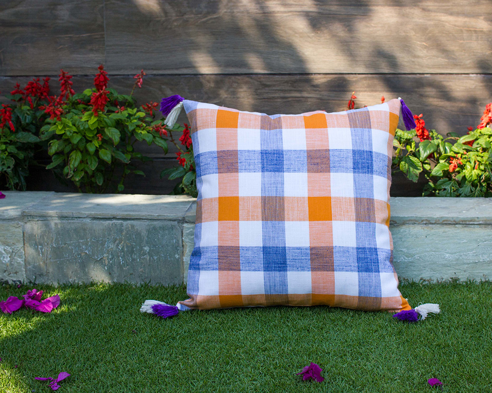 Handloom Cushion | Cotton Checks Orange | Kopai - Paar | Indian Craft Store