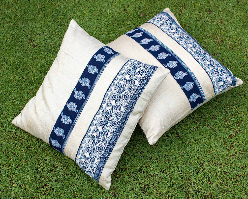 Handloom Cushion | Blue Silk Set | Kopai - Paar | Indian Craft Store