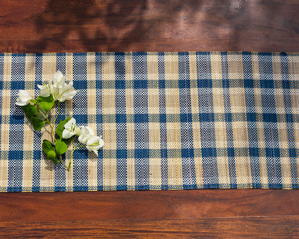 Madur Kathi | Natural Fibre | Blue Placemats and Table Runner | Kopai - Paar | Indian Craft Store